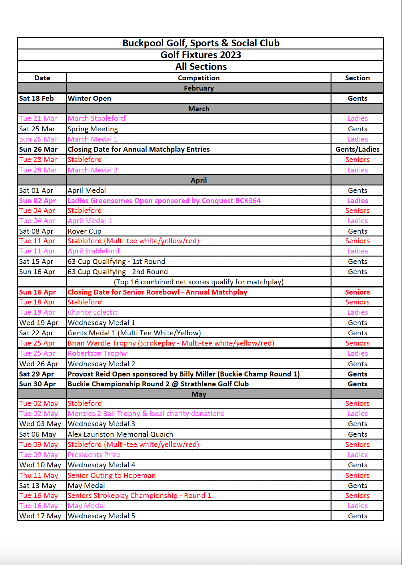 2023 fixture list